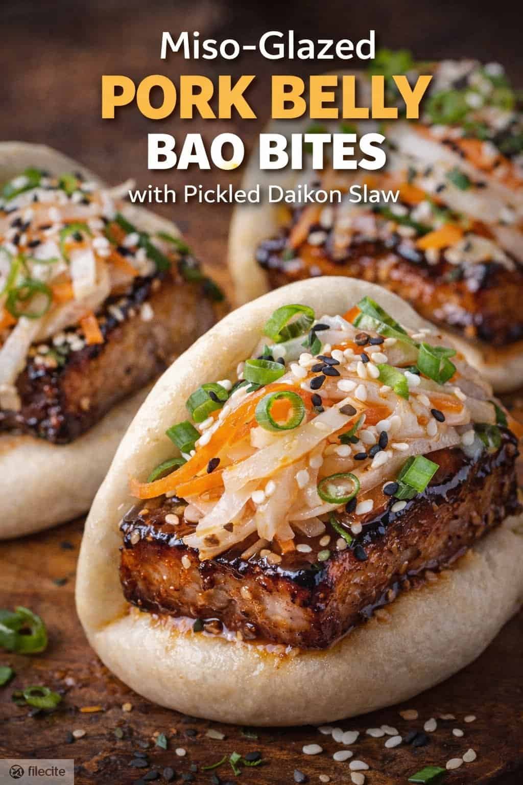 Miso-Glazed Pork Belly Bao Bites with Pickled Daikon Slaw - Where Food ...